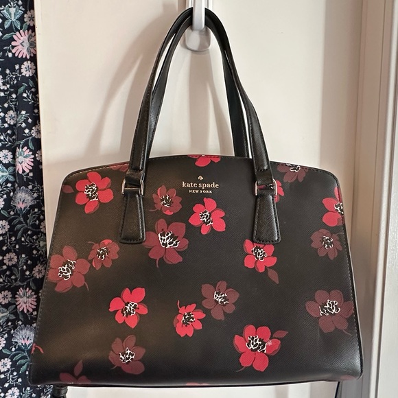 kate spade | Bags | Kate Spade Black Satchel With Red Floral Pattern ...